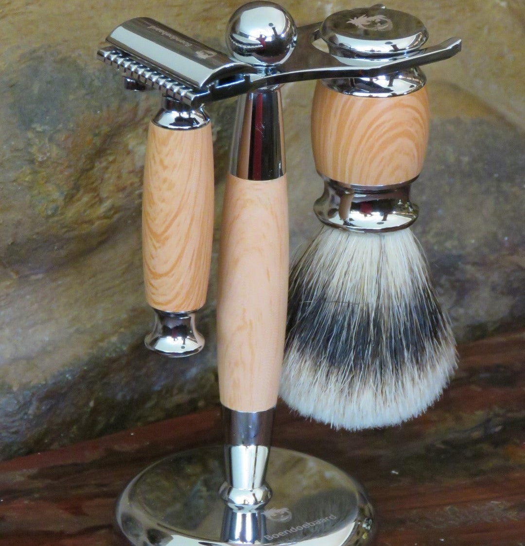 Razor, stand and brush. All metal set with handles and stand wrapped t ...